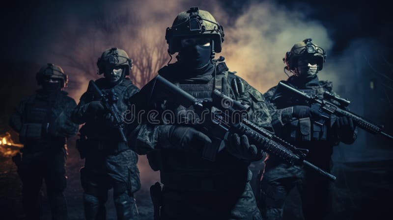 A Group of Military with Weapons Training at Night Stock Photo - Image ...