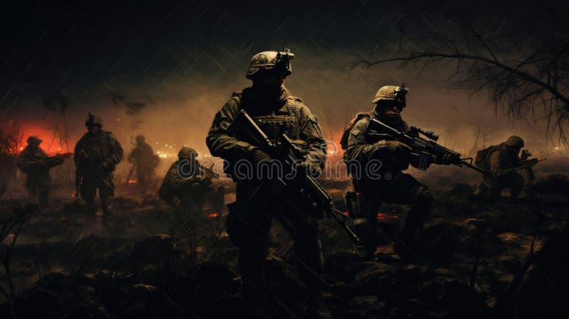 A Group of Military with Weapons Training at Night Stock Image - Image ...