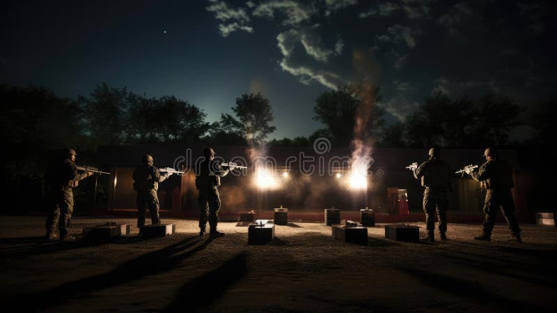 A Group of Military with Weapons Training at Night Stock Image - Image ...