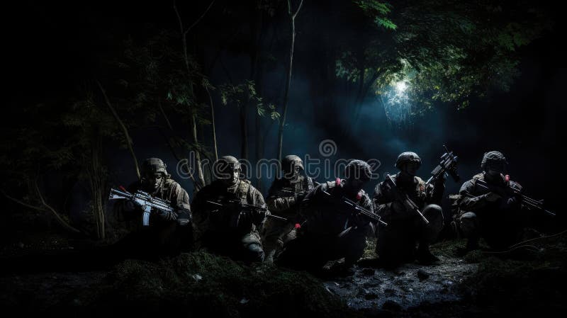 A Group of Military with Weapons Training at Night Stock Image - Image ...