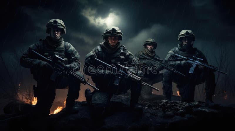A Group of Military with Weapons Training at Night Stock Image - Image ...