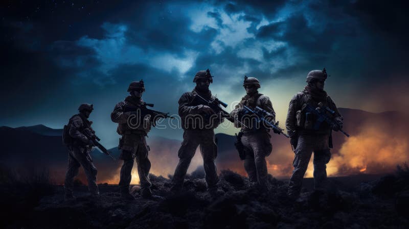 A Group of Military with Weapons Training at Night Stock Photo - Image ...