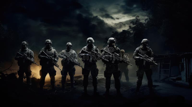 A Group of Military with Weapons Training at Night Stock Image - Image ...