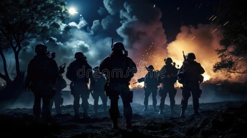 A Group of Military with Weapons Training at Night Stock Image - Image ...