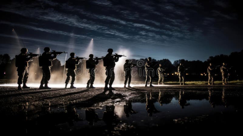 A Group of Military with Weapons Training at Night Stock Photo - Image ...