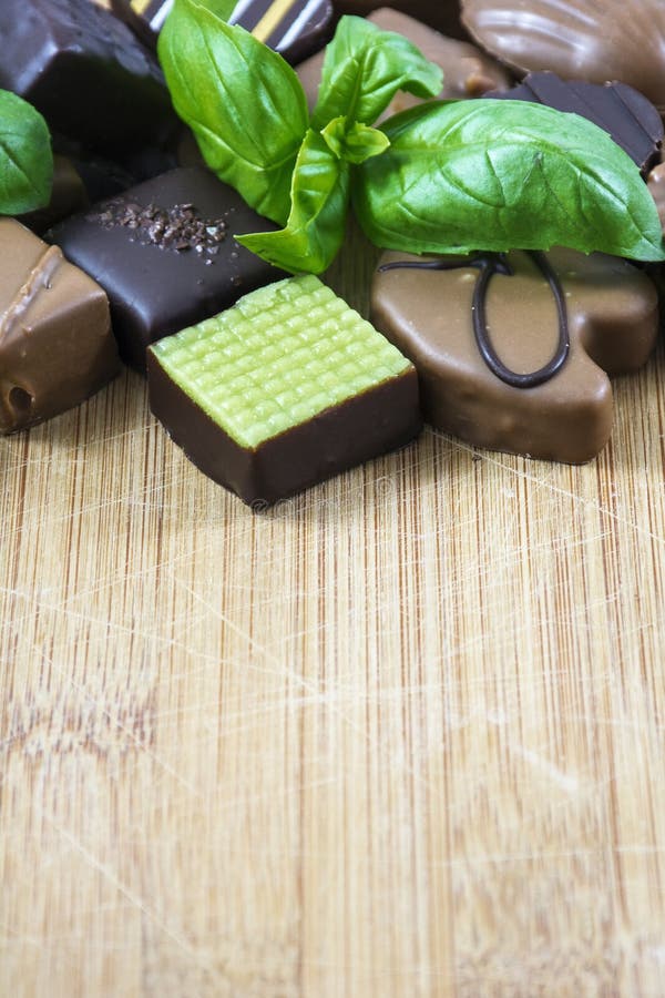 Group Milk Dark Chocolate Candy Basil Wood As Background Stock Photos ...