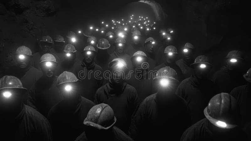 Group of Miners Wearing Helmets with Lights in a Dark Tunnel Stock ...