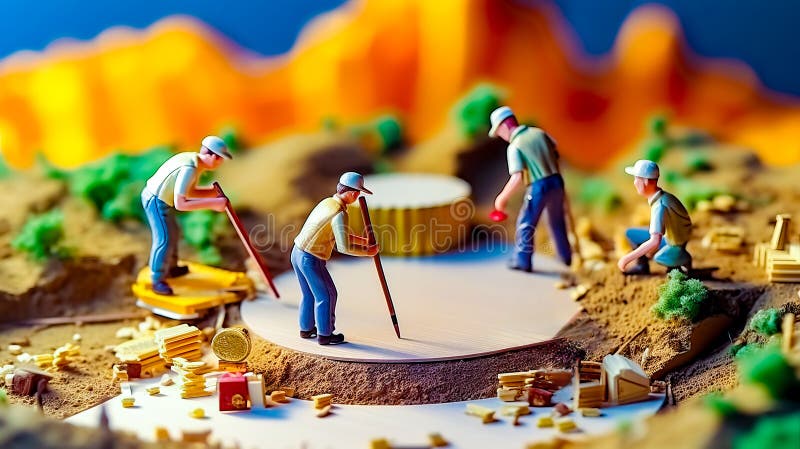 Group of Miniature Figurines of Men Working in Desert Setting ...