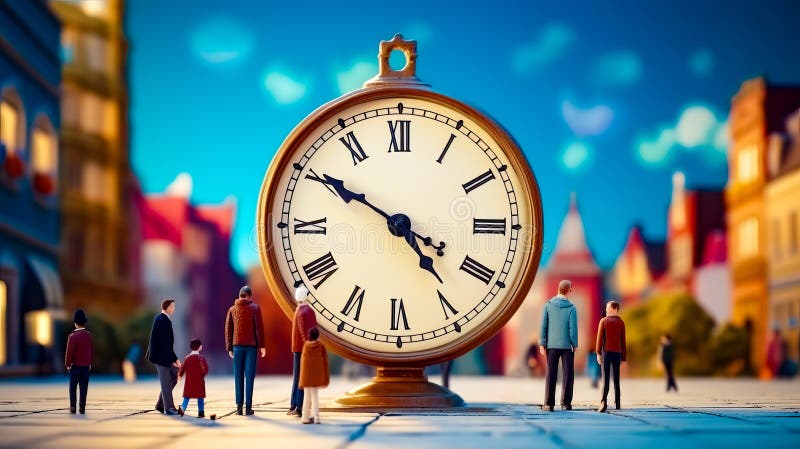 Group of Miniature People Standing Next To Large Clock on Sidewalk ...