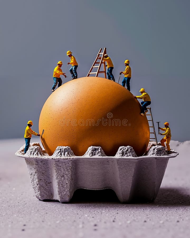 A Group of Miniature People Standing on Top of an Egg Stock ...