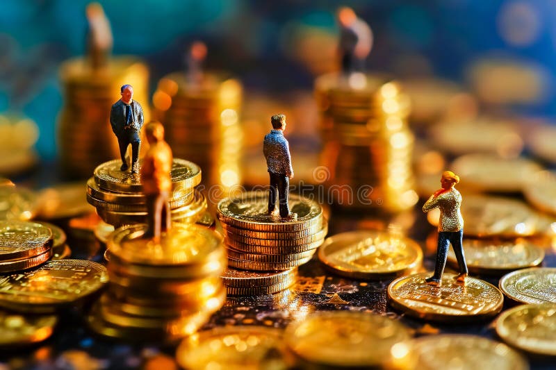 Group of Miniature People Standing on Top of Stack of Gold Coins Stock ...