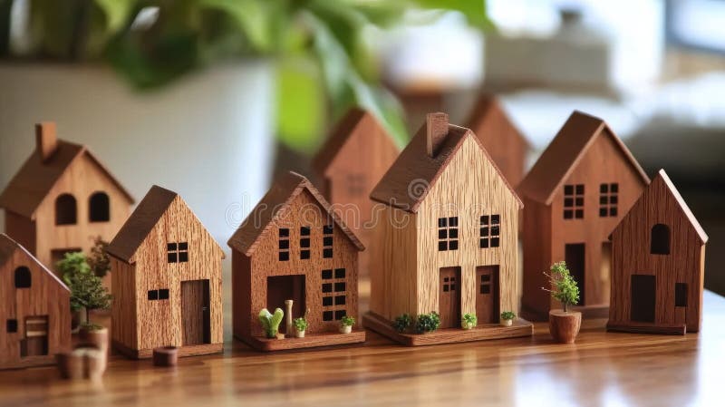 A Group of Miniature Wooden Houses on a Table Stock Illustration ...