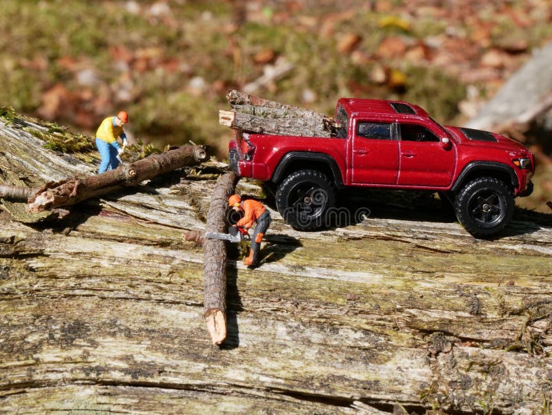 Group of Miniature Workers Using a Tree Log As a Makeshift Work Table ...