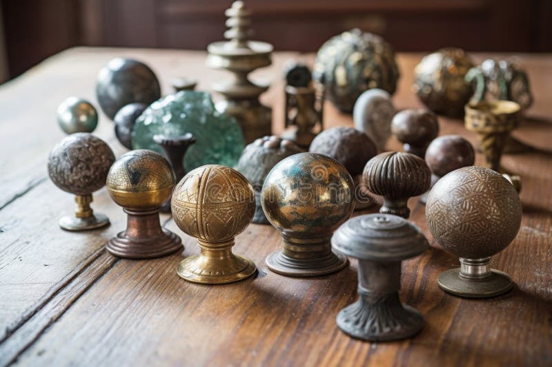 Group of Mismatched Antique Door Knobs on Table Stock Illustration ...