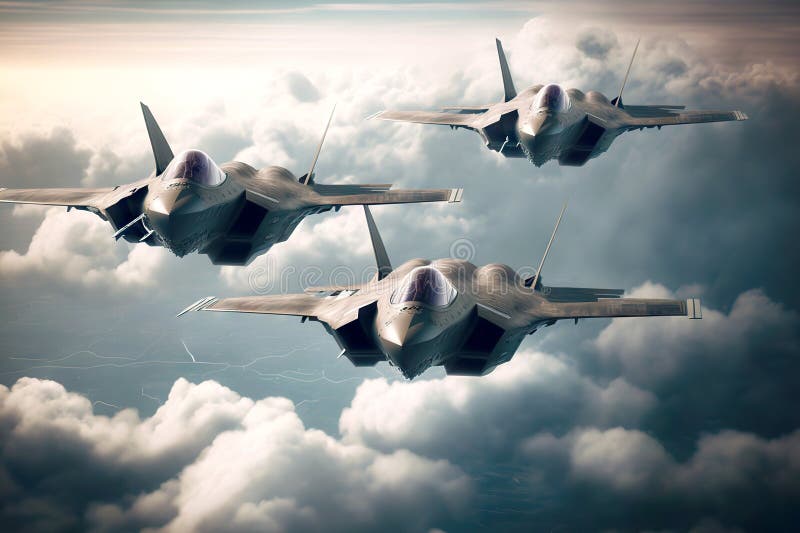 Group of Modern Fighter Jets Performs Flight Above Clouds Stock ...