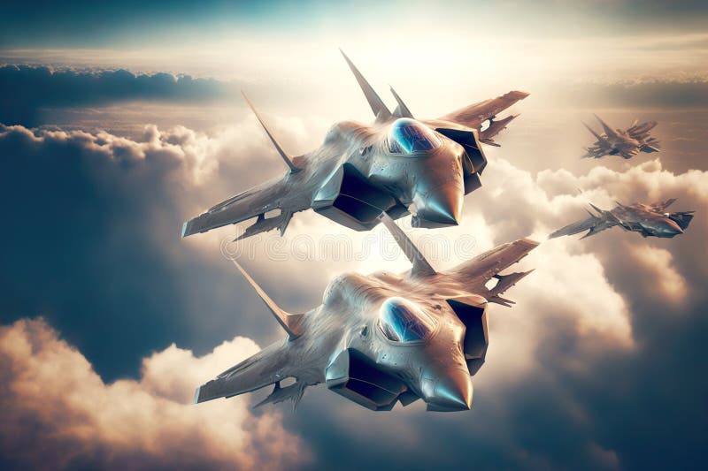 Group of Modern Fighter Jets Performs Flight Above Clouds Stock ...