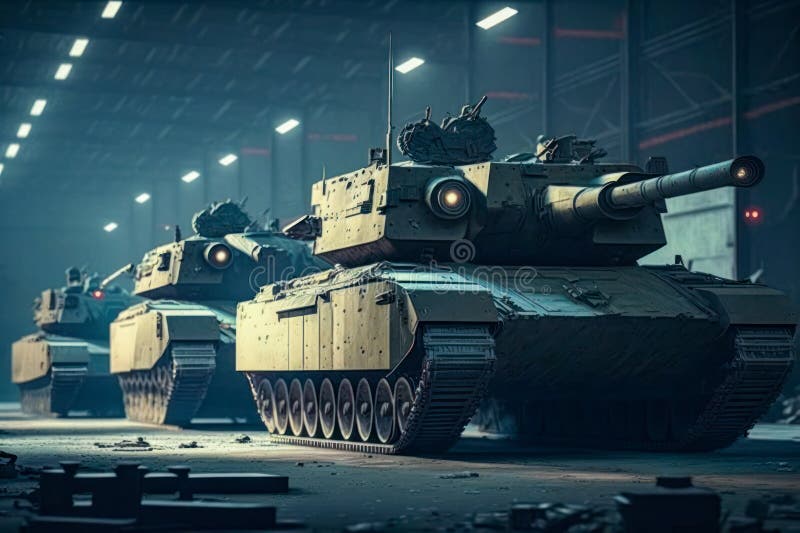 A Group of Modern Military Battle Tank in Hangar after Military Mission ...