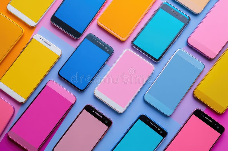 Many Colorful Smartphones Lying on Colorful Background with Blank ...