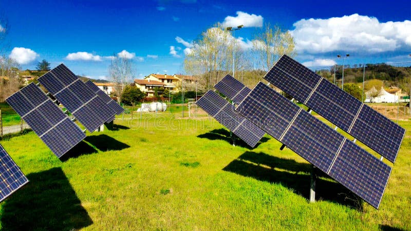 Group of Modern Solar Panels Oriented To the Sun Stock Photo - Image of ...