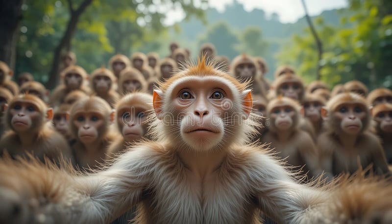 Monkey Group Taking Selfie in Forest with Curious Expression Stock ...