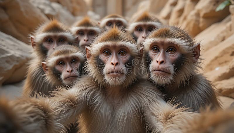 Group of Monkeys Looking at Camera with Sandstone Background Together ...