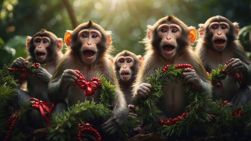 Surprised Monkeys with Christmas Wreaths Stock Illustration ...