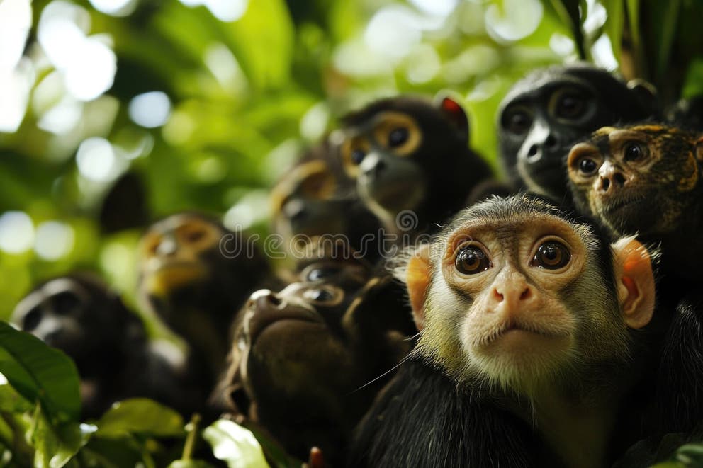 Group of Monkeys Resting on a Lush Green Forest Canopy Stock Image ...