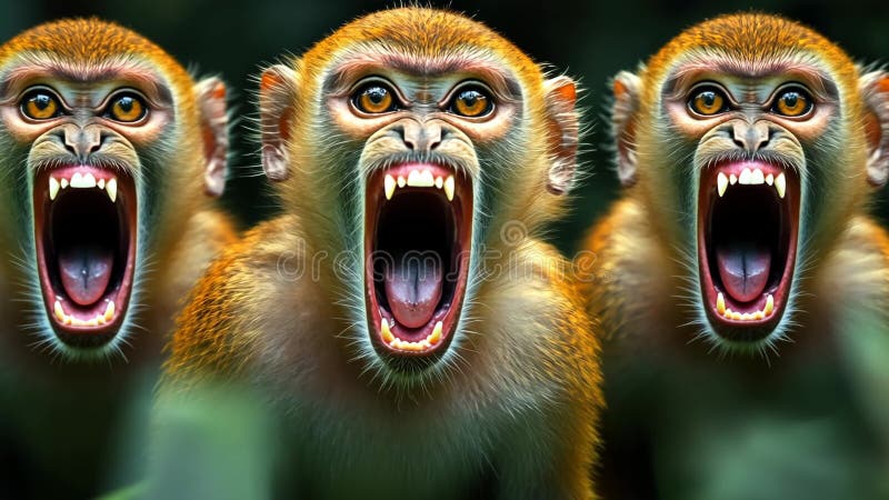 Group of Monkeys Screaming, Revealing Sharp Teeth and Displaying ...