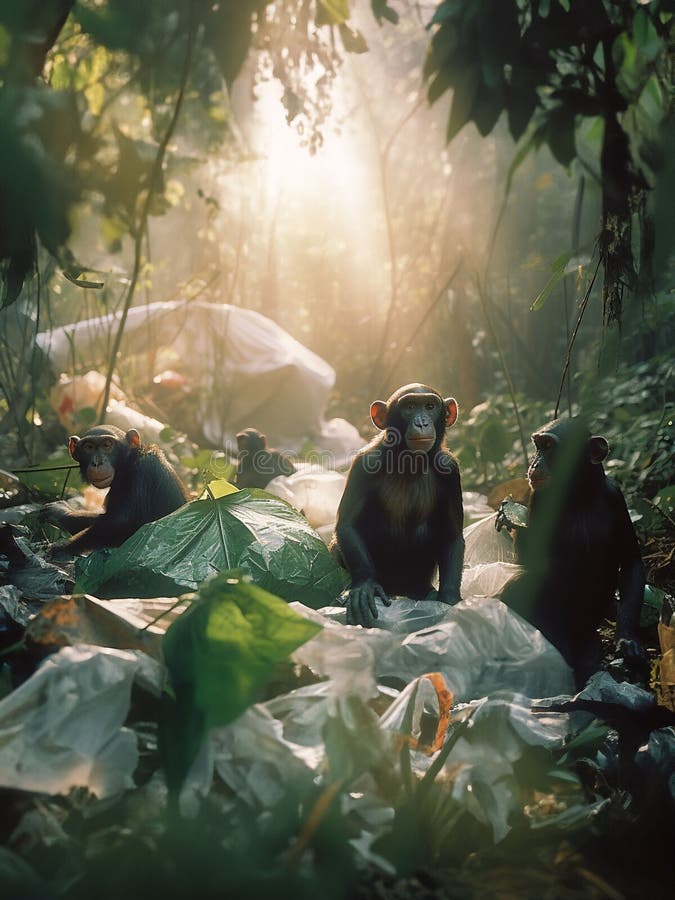 Group of Monkeys Standing among Garbage Bags Creates the Concept of ...