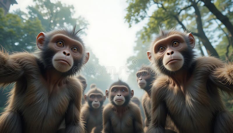 Group of Monkeys Looking at Camera in Forest with Intense Gaze Stock Illustration - Illustration ...