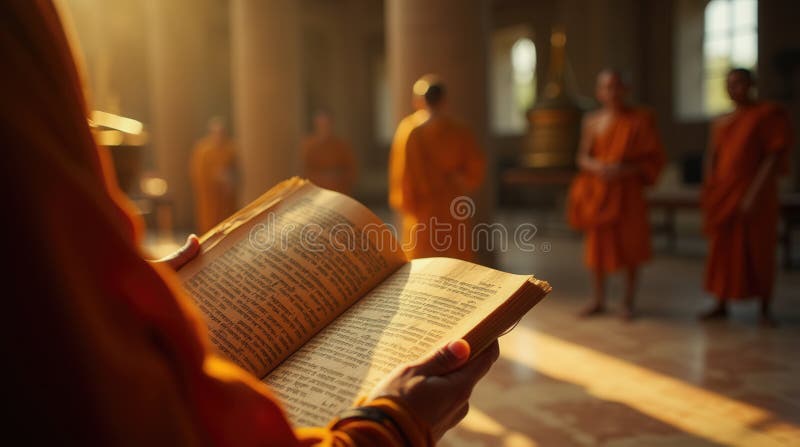 A Group of Monks Observes a Prayer Session in a Tranquil Temple ...
