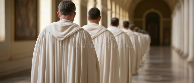 A Group of Monks in White Robes Walking in a Serene Natural Setting ...