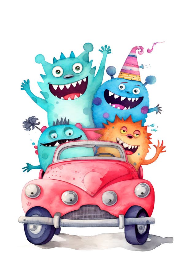 Group of Monsters in a Car Watercolor Painting on White Stock ...