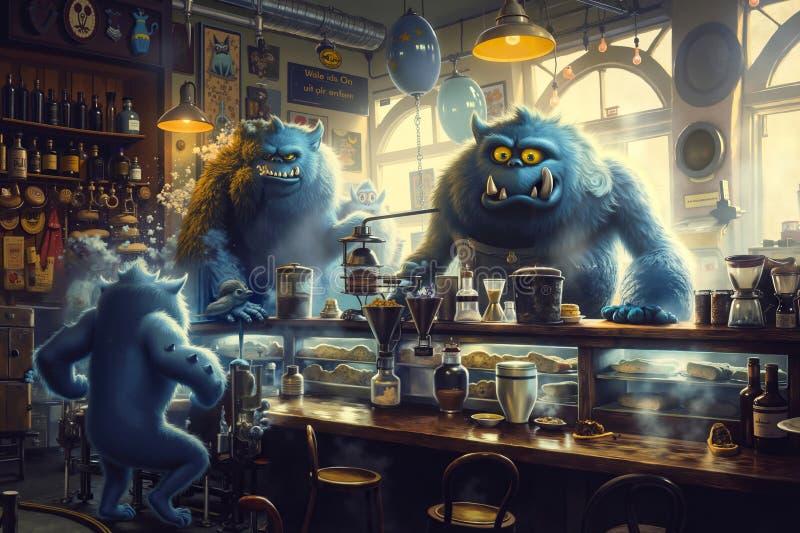 A Group of Monsters Sitting at a Bar in a Restaurant Stock Image ...