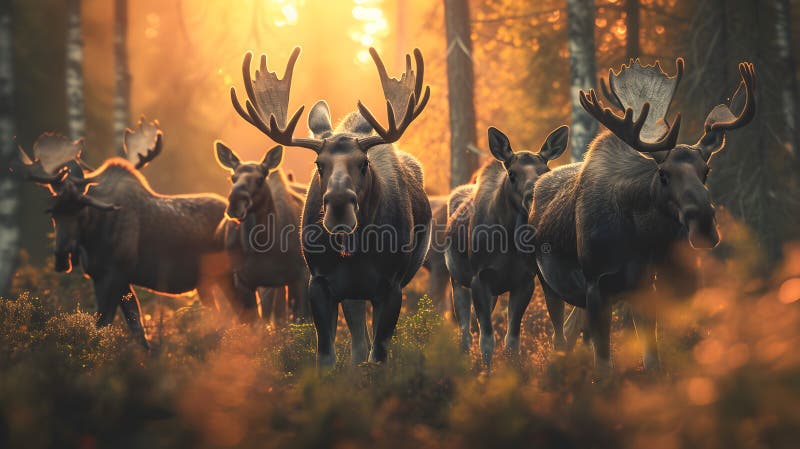 Group of Moose in the Forest in the Autumn Evening. Stock Illustration ...