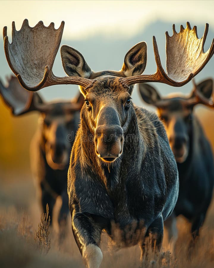 A Group of Moose Running through a Field of Tall Grass Stock Image ...