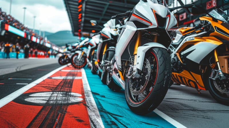 A Group of Motorcycles Lined Up at the Starting Race Track Stock ...