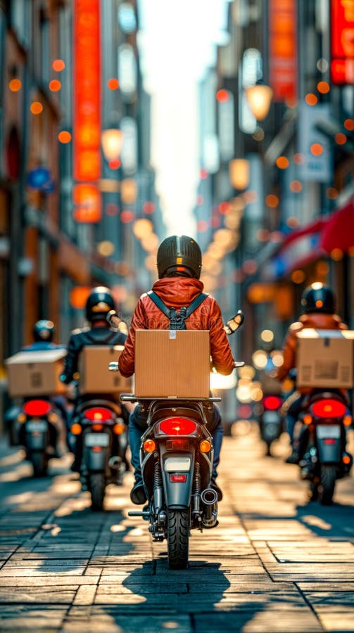 Group of Motorcyclists Riding Down Street with Boxes on Their Backs ...