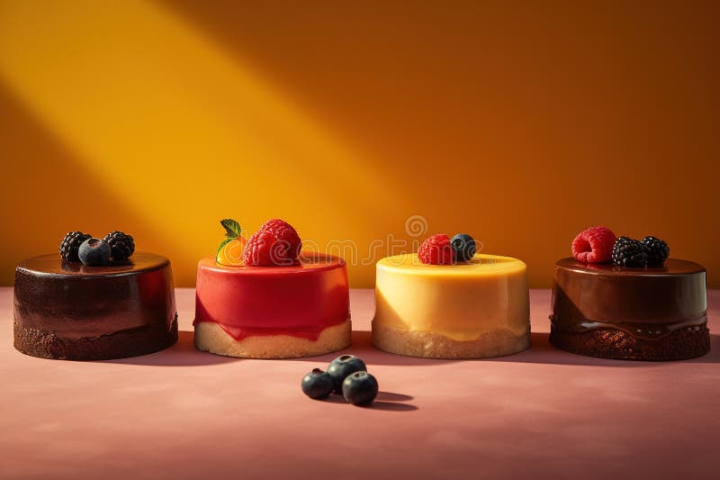 Group of Mousse Cakes on Pastel Background Advertising Photography ...