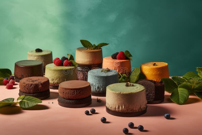 Group of Mousse Cakes on Pastel Background Advertising Photography ...