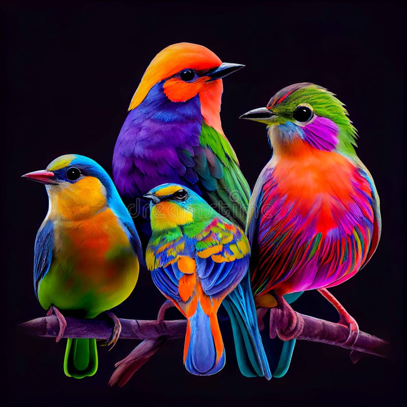 Group of Multi-colored Birds on a Black Background. Colorful Birds ...