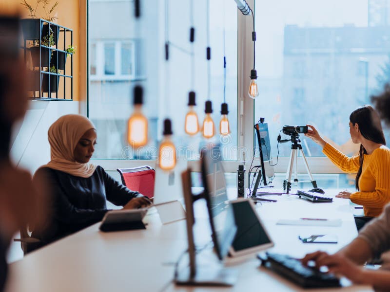 Group of Multi-ethnic Colleagues Working on Desktop Computers, Laptop ...