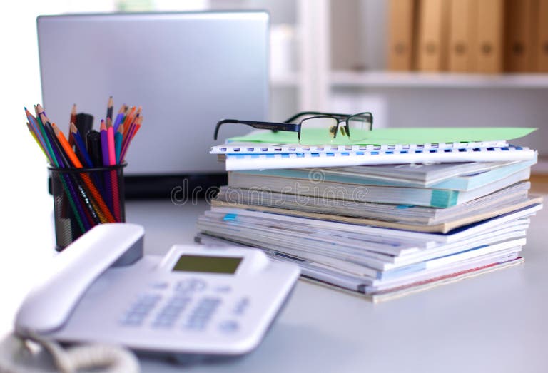 Group of Multicolored Office Folders and Glasses Stock Image - Image of ...