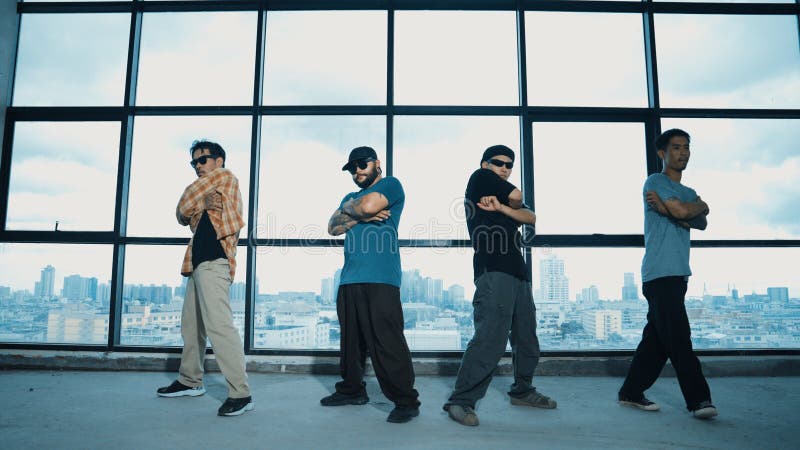 Group of Multicultural Break Dancer Dancing Together with Skyscraper ...