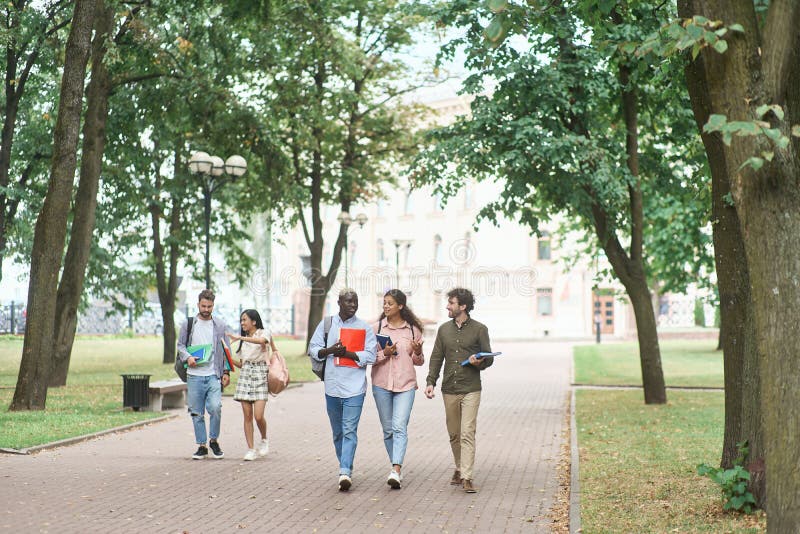 Group Multicultural Students Walking Together in Park. Stock Photo ...