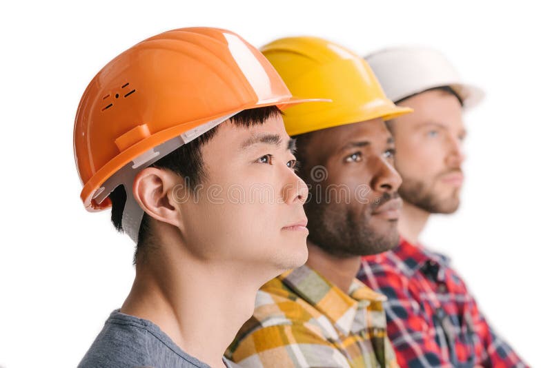 Side View of Group of Multiethnic Thoughtful Construction Workers Stock ...