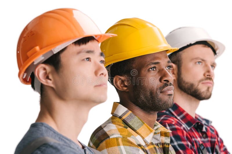 Side View of Group of Multiethnic Thoughtful Construction Workers Stock ...