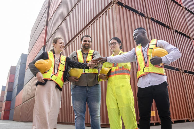 Group of Multiracial Cargo Container Workers Doing Hands Stacked at ...