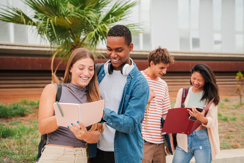 A Group of Multiracial Students Looking at Their Notes and Talking ...