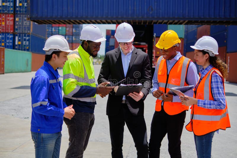 Group of Workers Teamwork at Logistics Terminal, Cargo Transportation ...